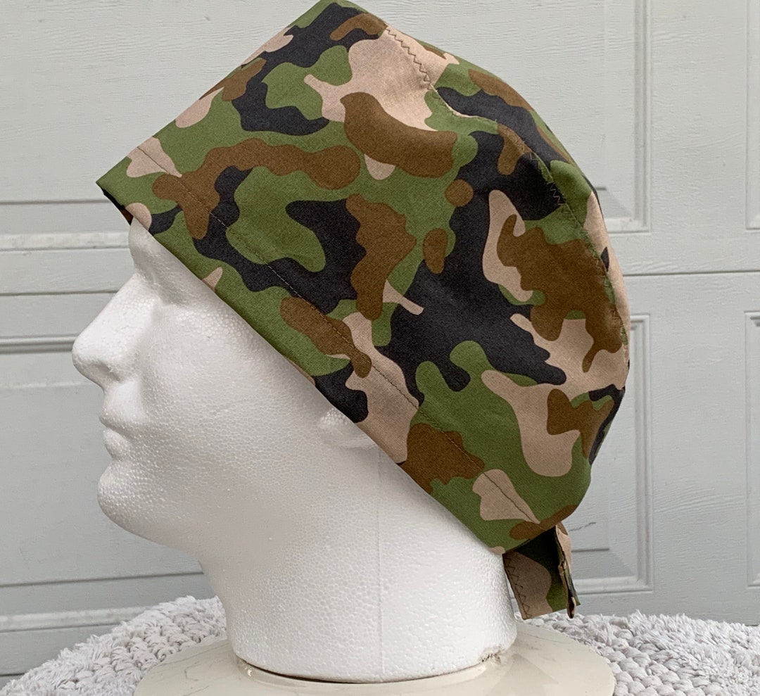 Green Camouflage Surgical Scrub Cap Military Scrub Hat Tie Back With or ...