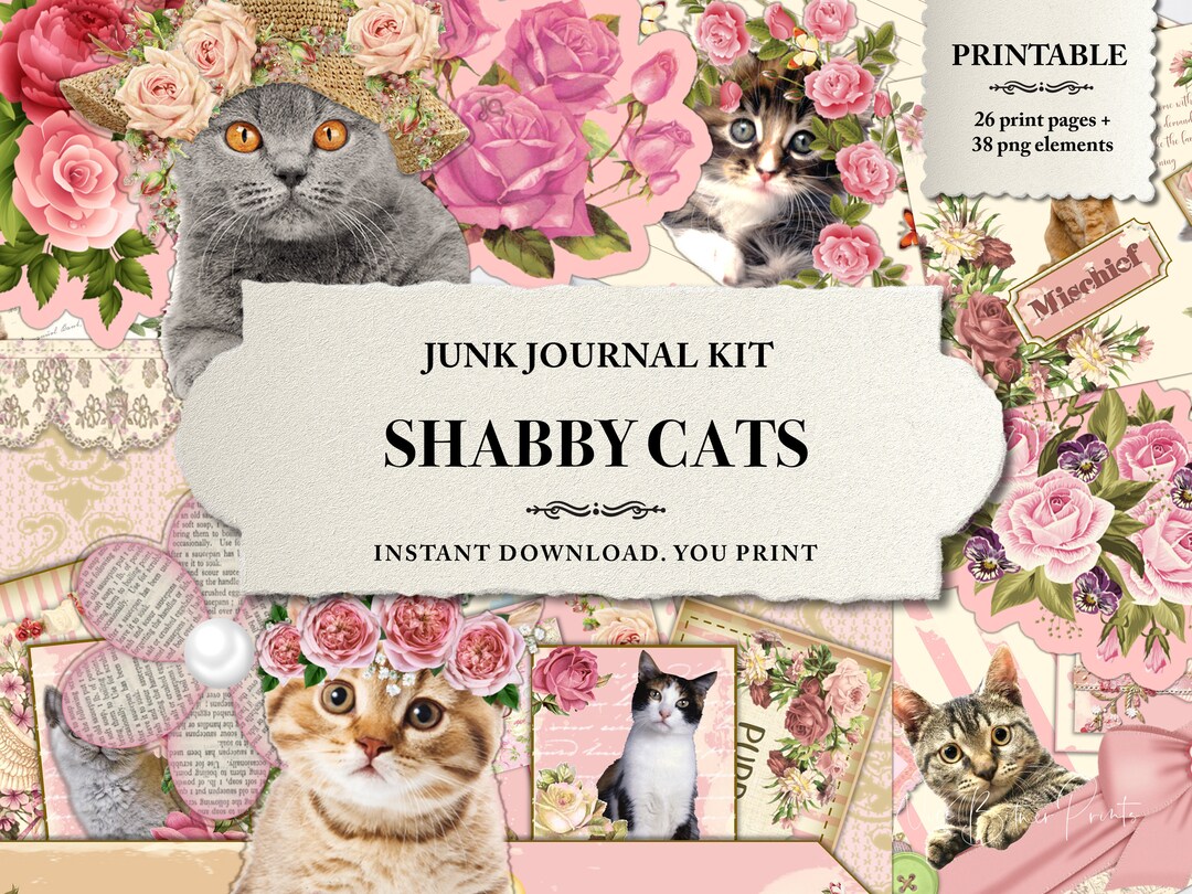 Shabby Chic Cats Junk Journal Kit Floral Roses Pink Cute Cats Printable ...