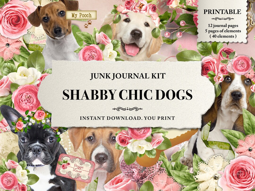 Shabby Chic Dogs Junk Journal Kit Floral Pink Pets Dog-bone Printable ...