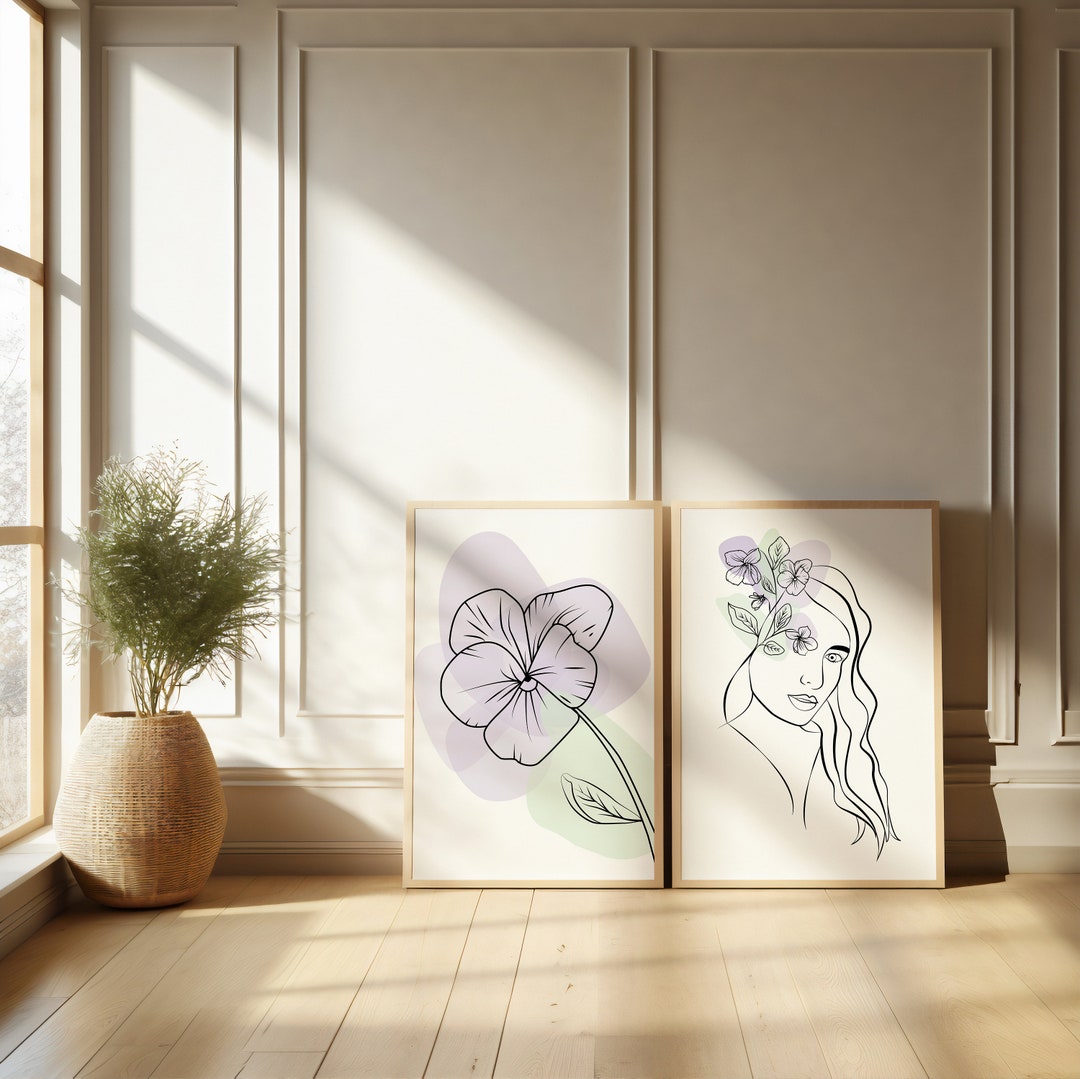 Violet Flower Woman Line Drawing Wall Art Set of 2 for Minimalist ...