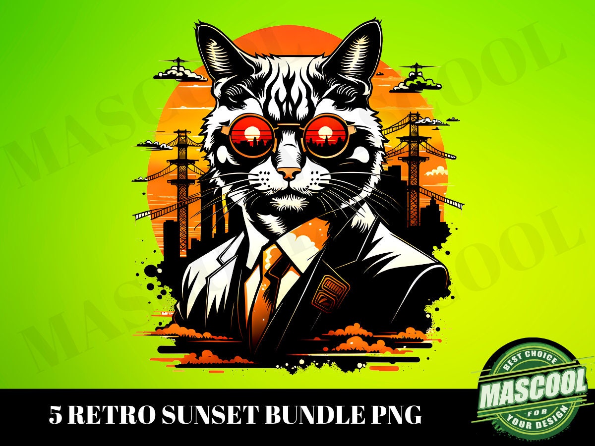 5 Cat Retro Sunset Bundle PNG High Resolution 300dp,cat Retro Sunset ...