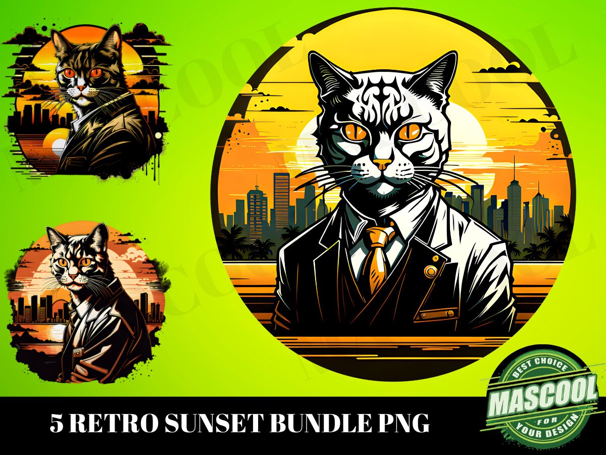 5 Cat Retro Sunset Bundle PNG High Resolution 300dp,cat Retro Sunset ...