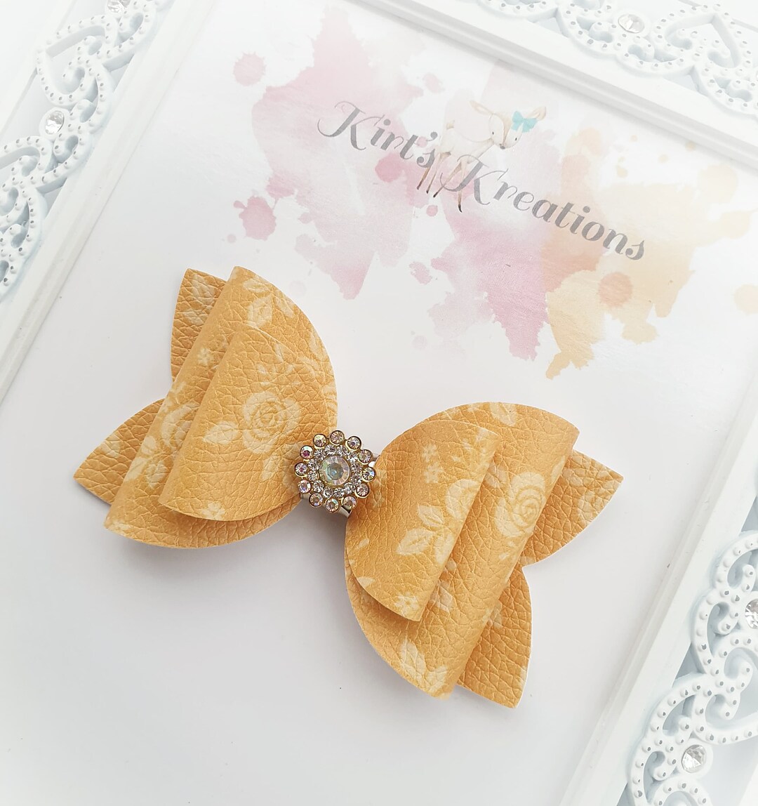 Mustard Leather Hair Bow, Mustard Hair Clip, Floral Bow, Hair Bow, Hair ...