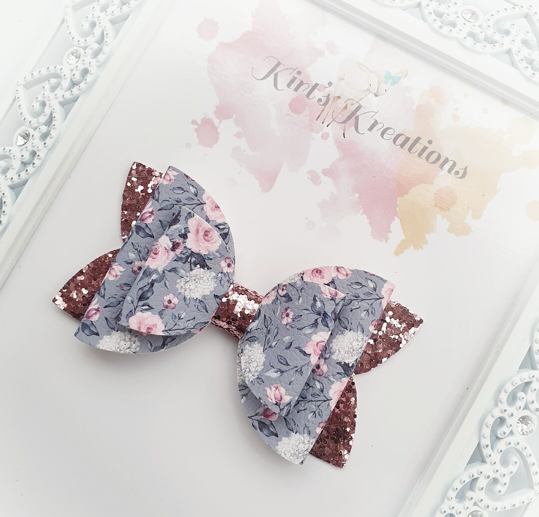 Floral Grey Pink Leather Bow, Rose Gold Glitter Bow Floral Bow, Hair ...