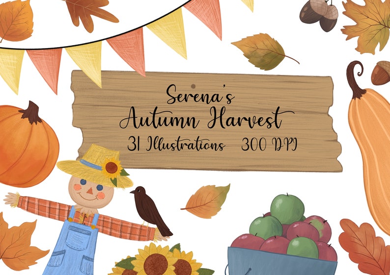 Watercolor and Gouache Autumn Harvest - Fall Clipart, Autumn Leaves ...