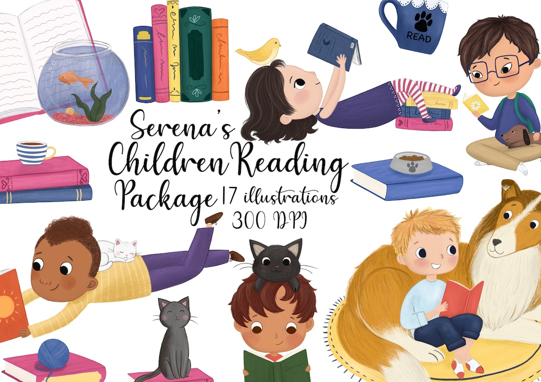 Watercolor and Gouache Children Reading Clipart- Instant Download ...
