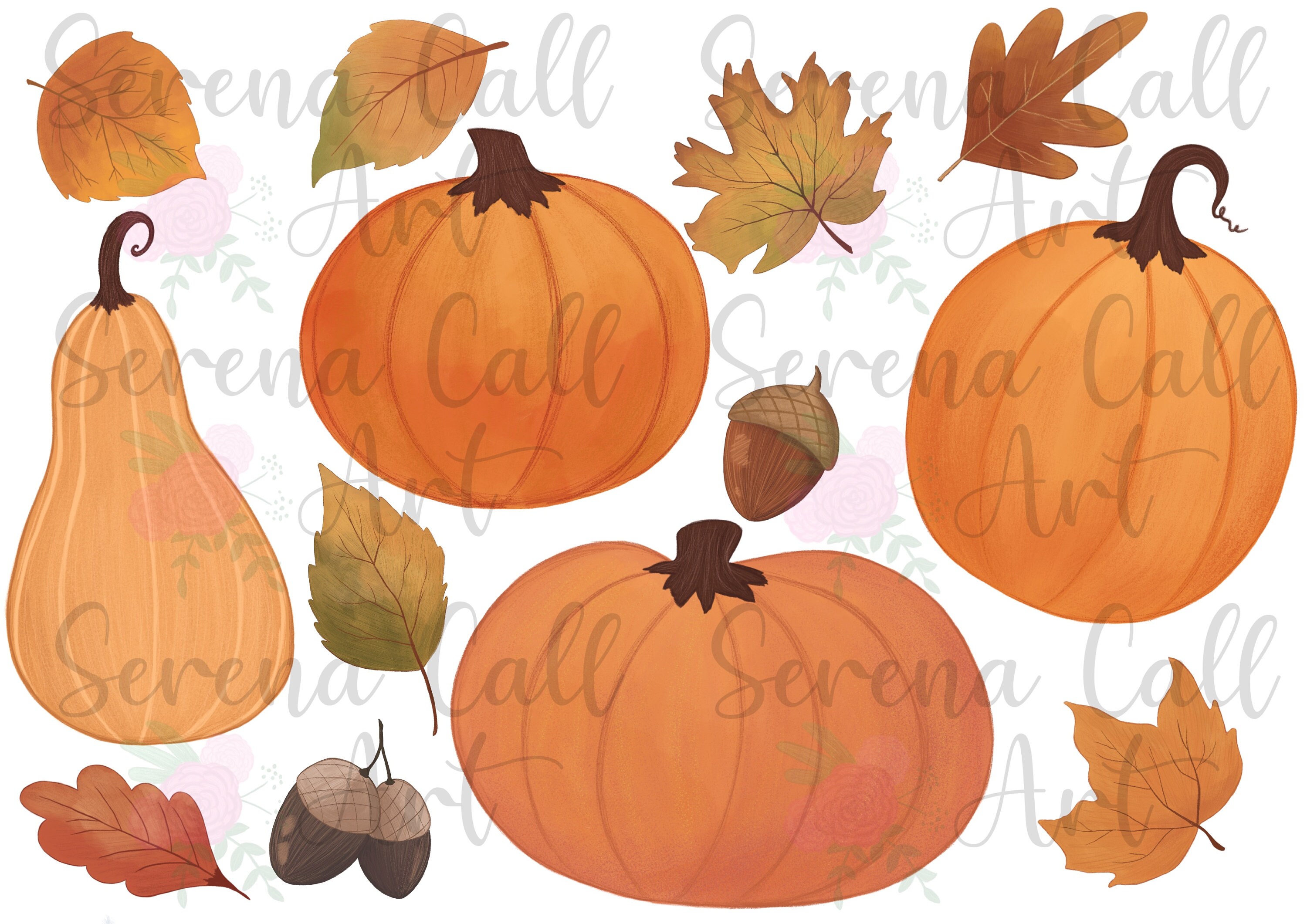 Watercolor and Gouache Autumn Harvest - Fall Clipart, Autumn Leaves ...