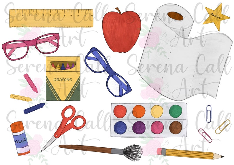Watercolor and Gouache School Supplies Clipart Instant Download ...