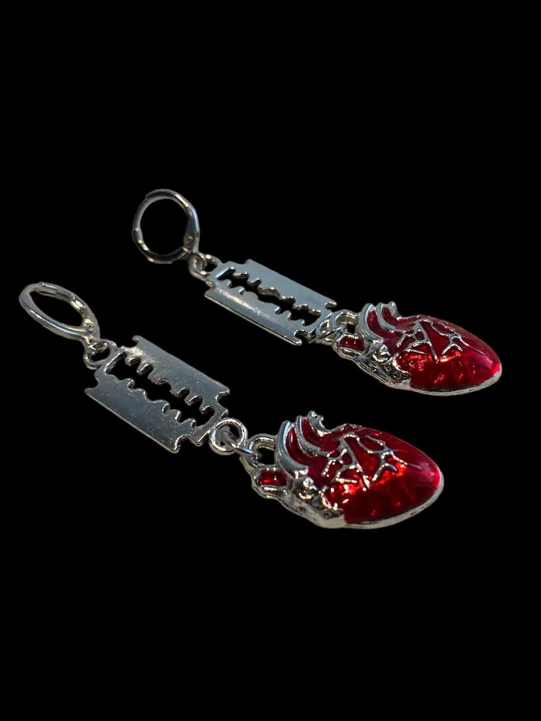 Gothic Razor Blade Bleeding Hearts Earrings Silver Metal Hook Earrings ...