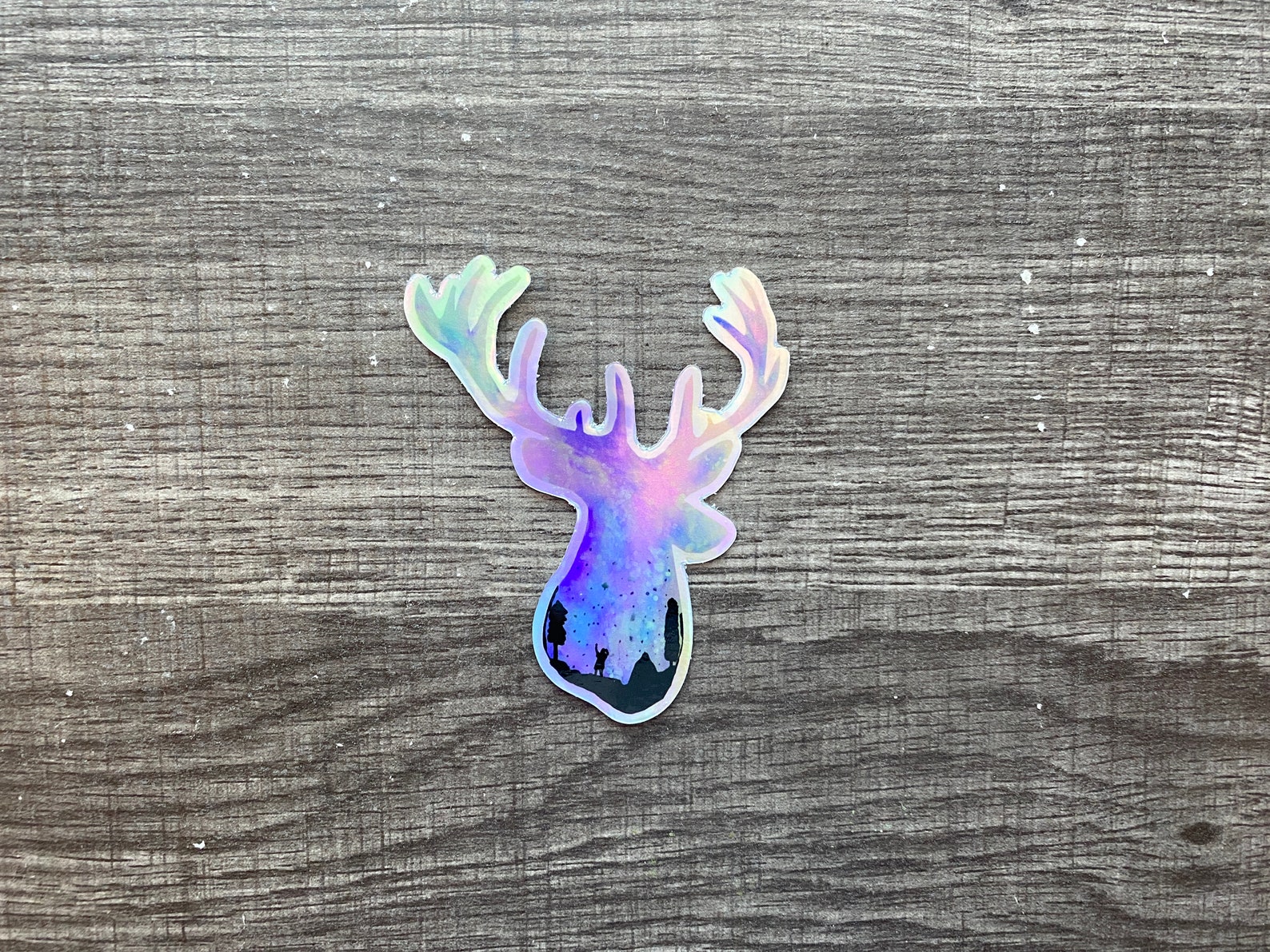 Buck Deer Holographic Sticker, Watercolor Silhouette With Female Hiking ...