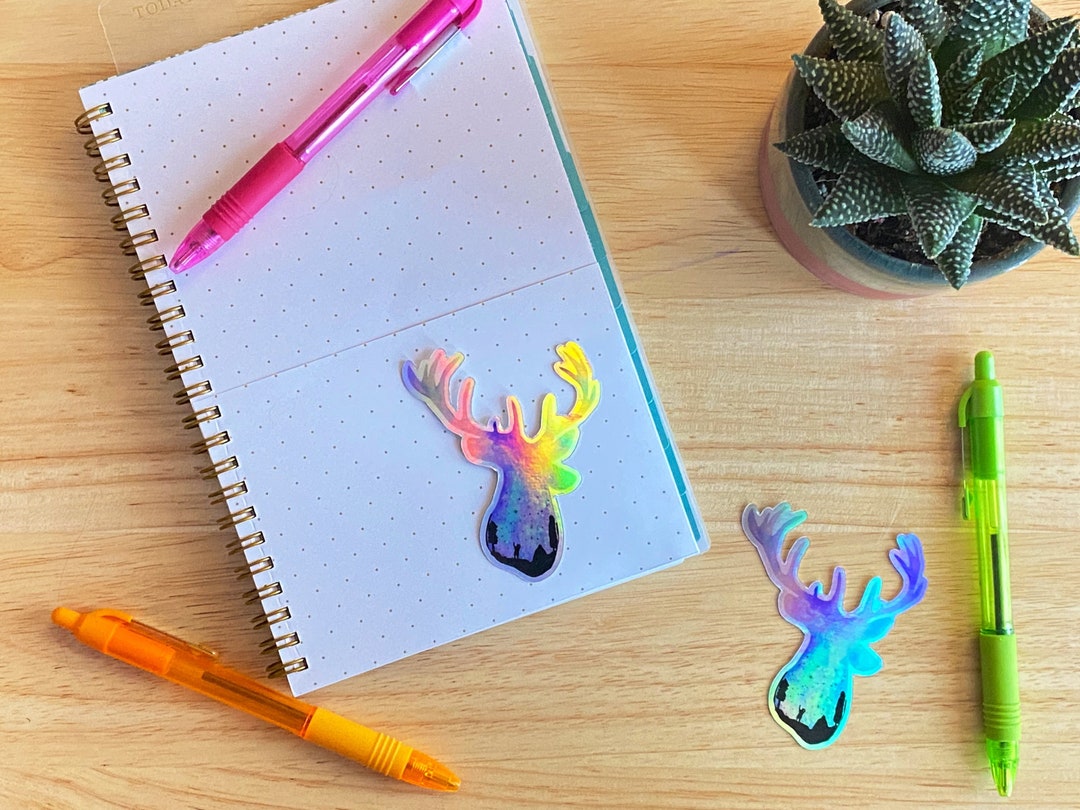 Buck Deer Holographic Sticker, Watercolor Silhouette With Female Hiking ...