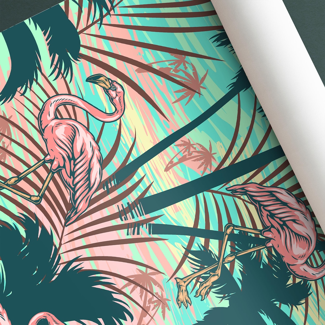 Peel and Stick Wallpaper Tropical Pink Flamingos & Palm Leaves – Jungle ...