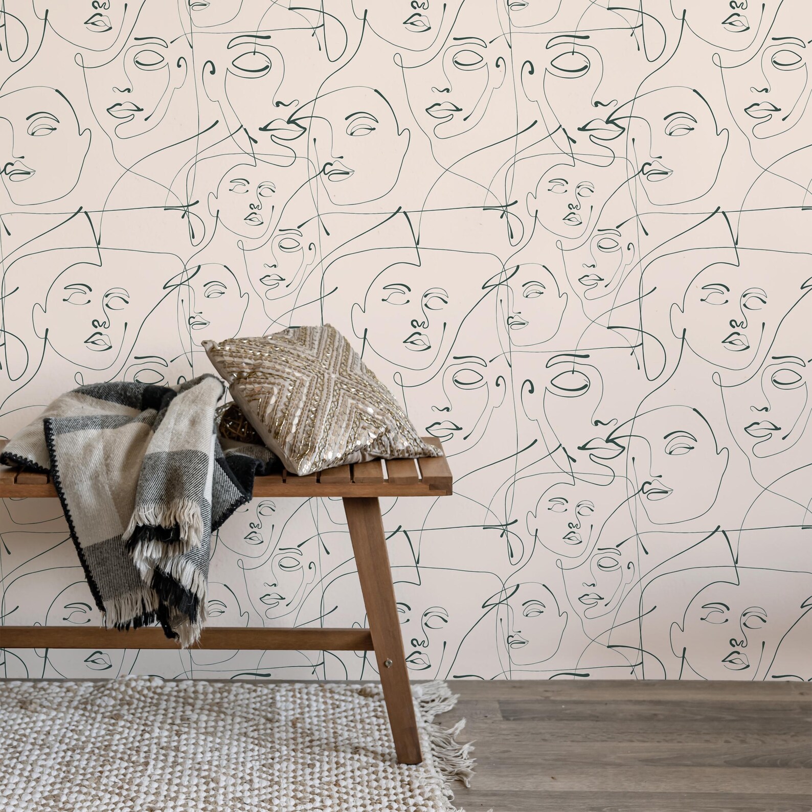 Pink Wallpaper With Womens Portret Modern Art Peel and Stick Wall Décor ...