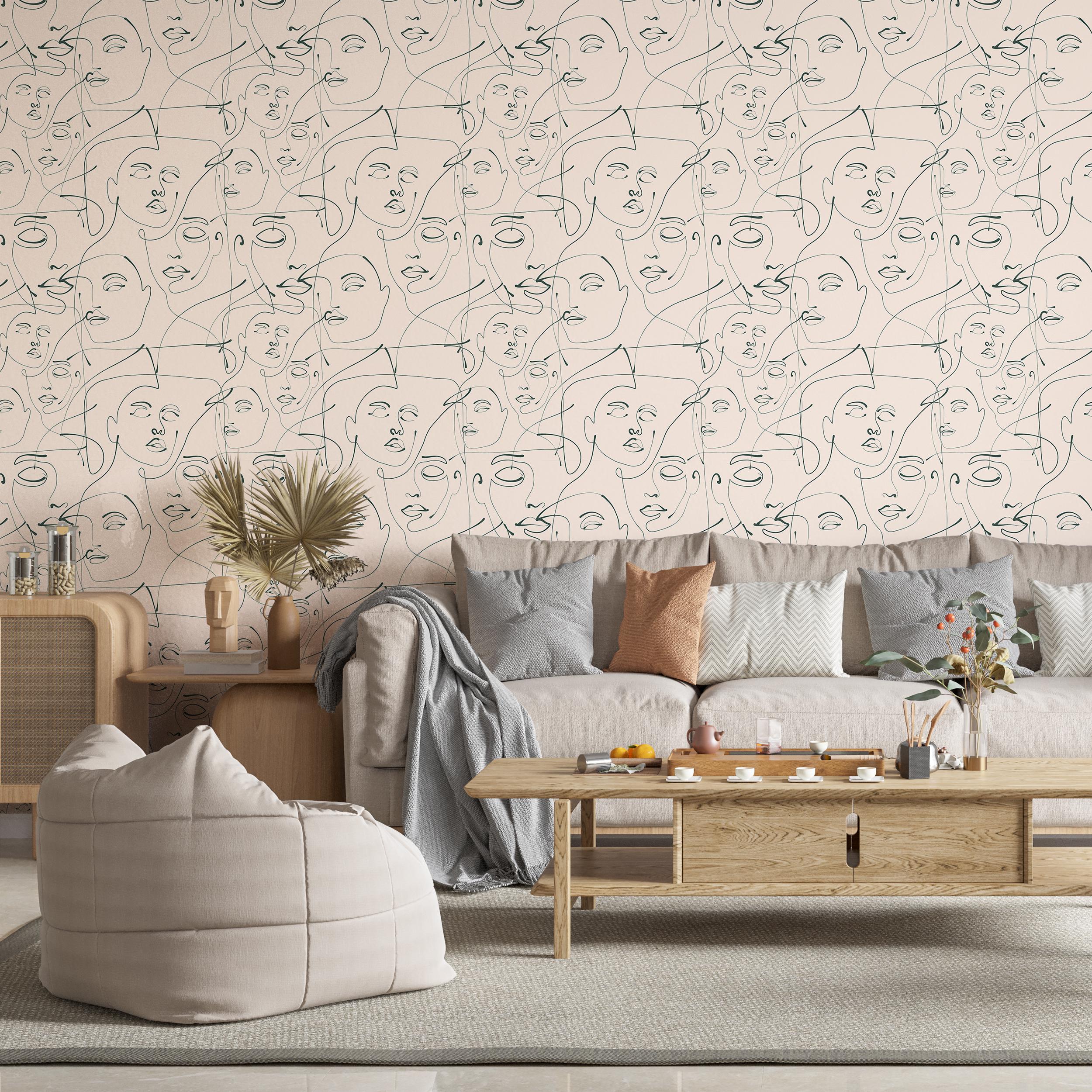 Pink Wallpaper With Womens Portret Modern Art Peel and Stick Wall Décor ...