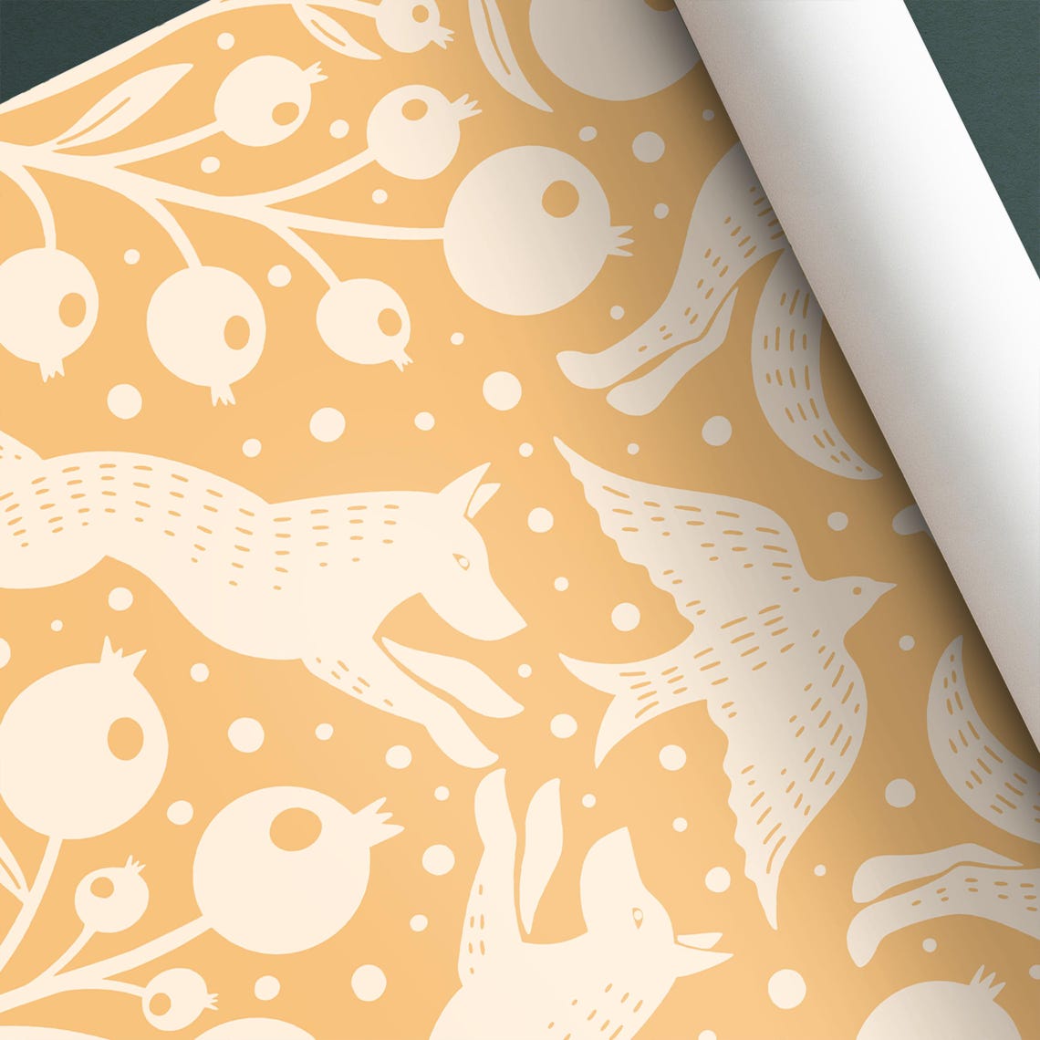 Orange Winter Tale Wallpaper: Wolves, Birds, Berries - Nursery Peel and ...