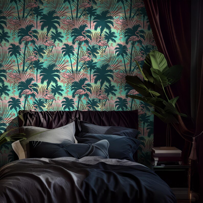 Pink Flamingo Wallpaper: Tropical Palm Leaf Peel and Stick - Etsy