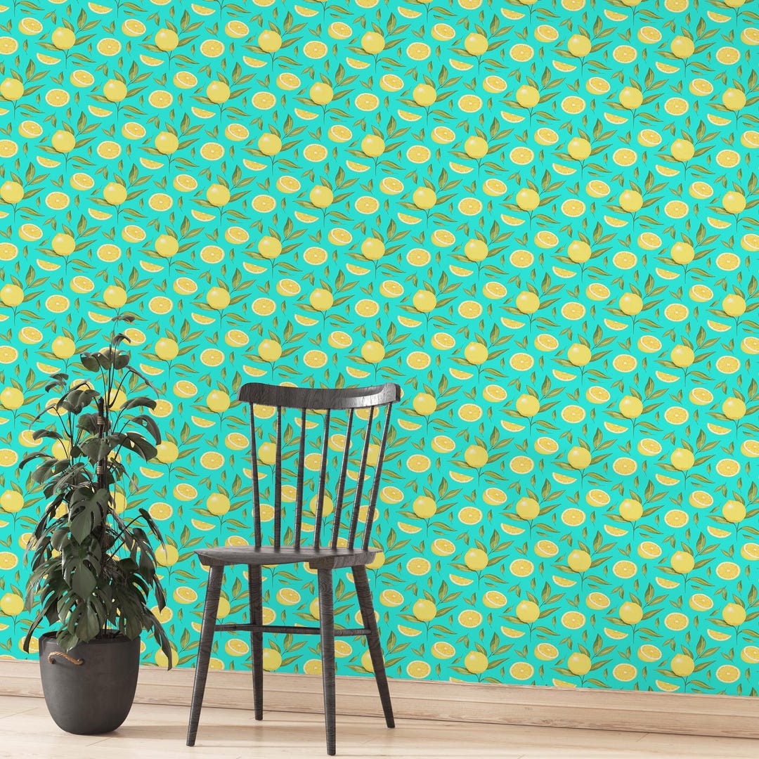 Mint Color Wallpaper With Lemon Fruits, Medditerian Wallpaper - Etsy