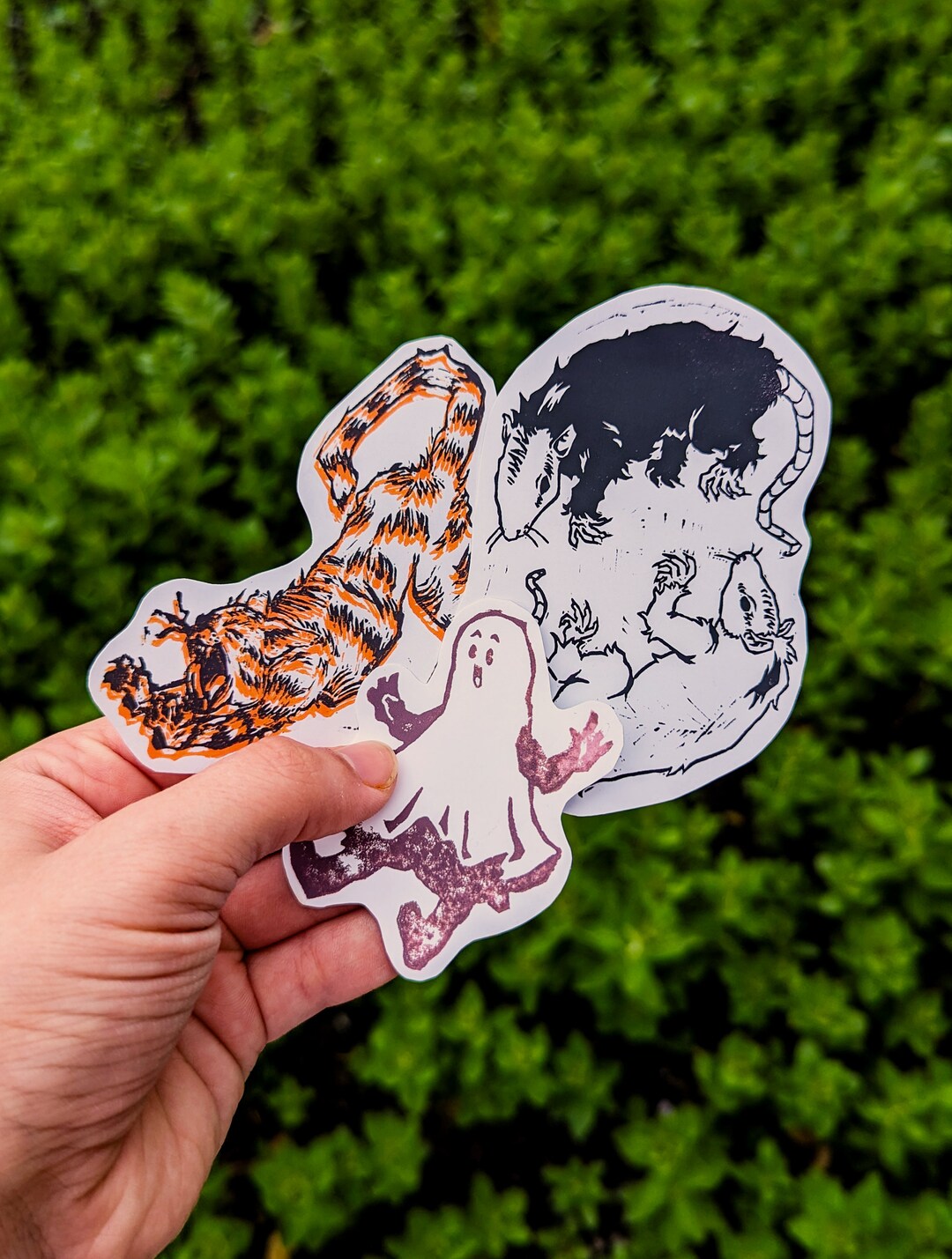 Stretch!, Yin Yang Rodents, Ghostie Boy Linocut Stickers -- Black ...