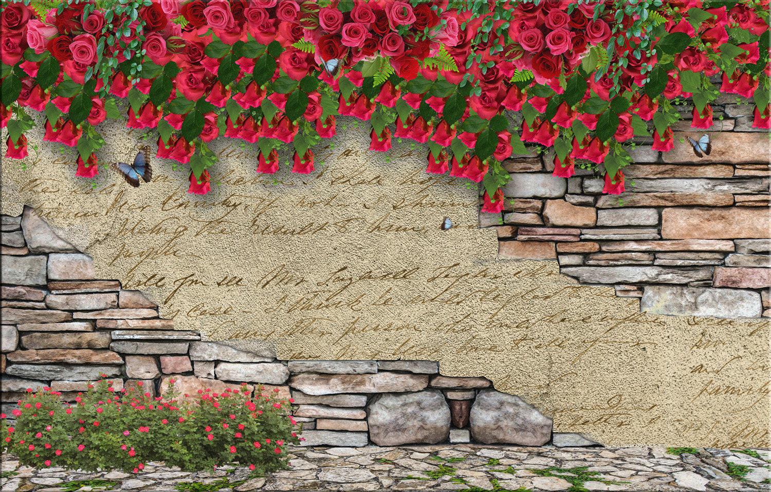 Brick Wall With Flowers Wallpaper, Vintage Blossom Mural, Rustic Floral ...
