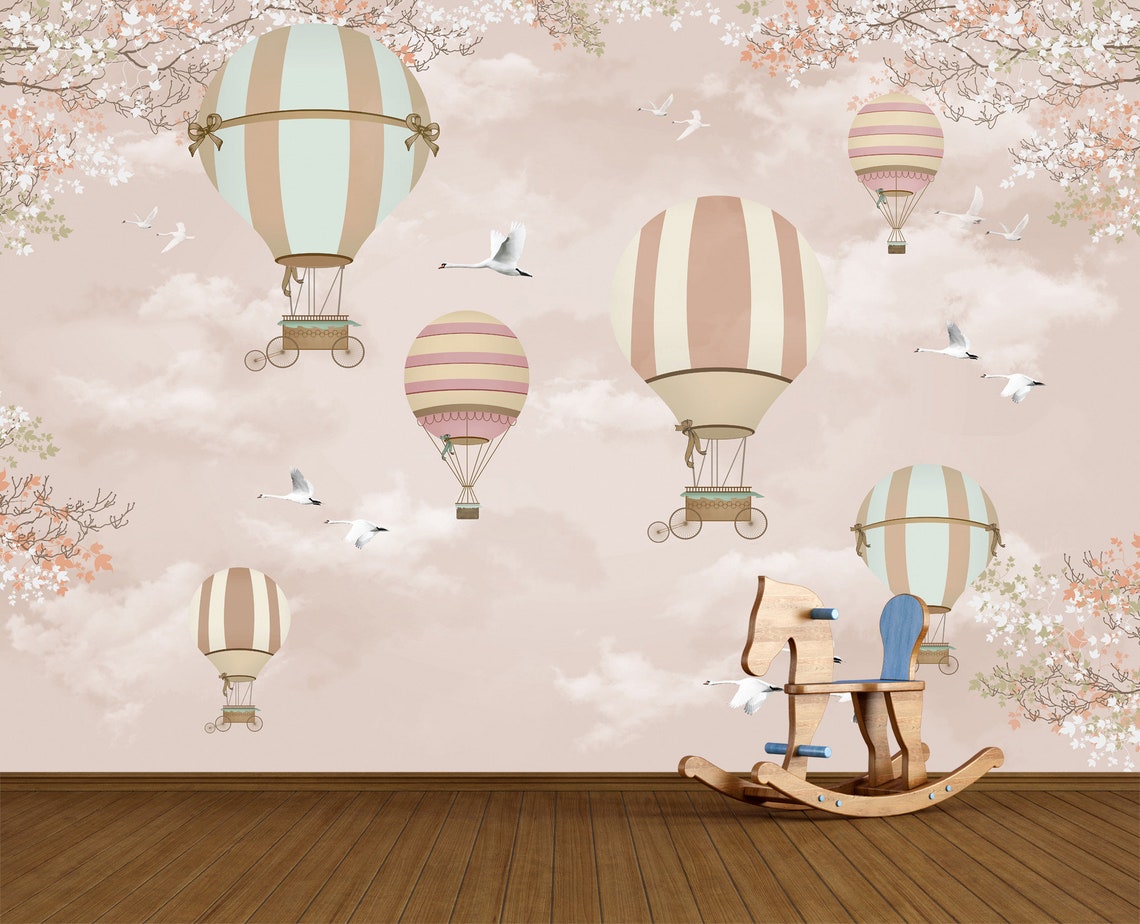 Balloon and Stork Kids Room Wallpaper / Ballon En Ooievaar - Etsy