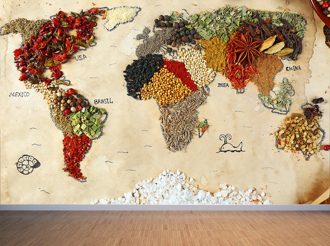 World Map From Nuts and Spices Wallpaper Mural / Spices Wallpaper ...