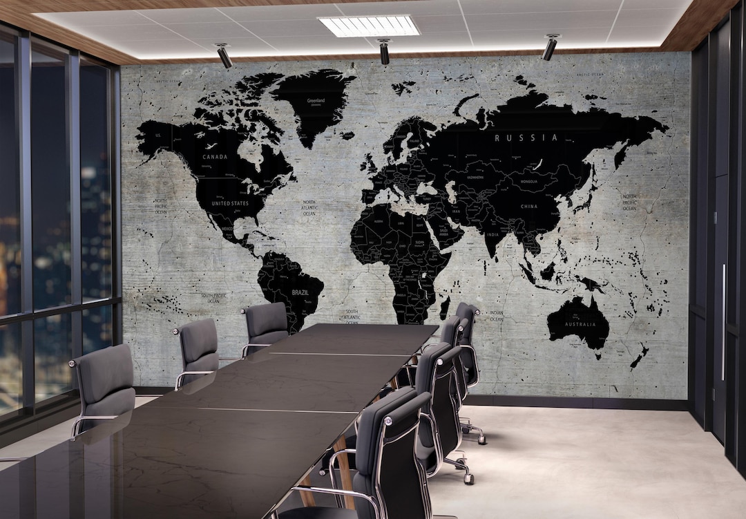 World Map Wallpaper on Concrete Wall for Office / Wereldkaart Behang Op ...