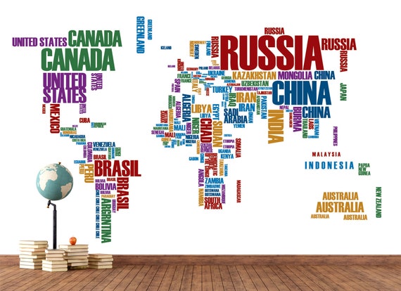 World Map Wallpaper With Letters / Wereldkaart Behang Met | Etsy