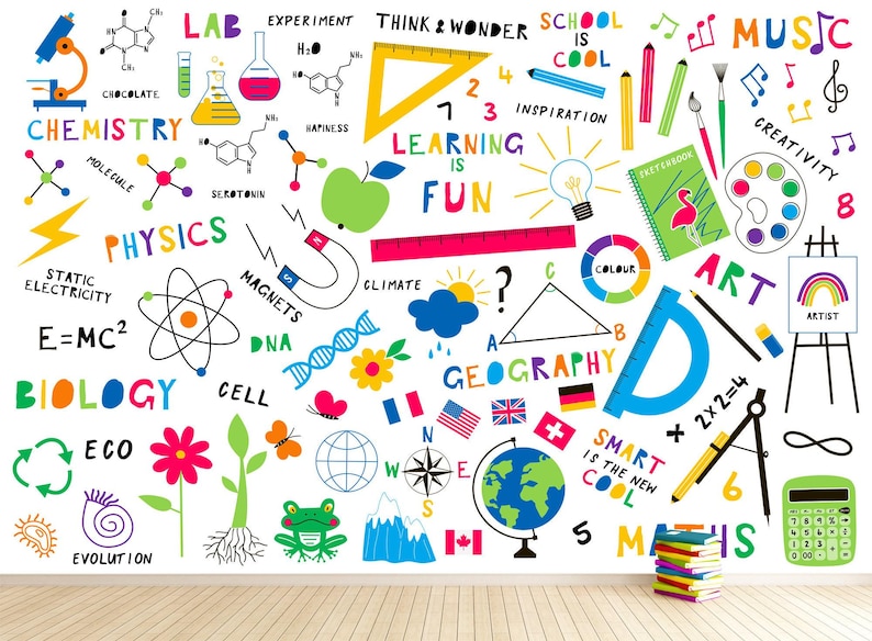 School Subjects Wallpaper, Colorful Learning Illustration Wall Mural ...