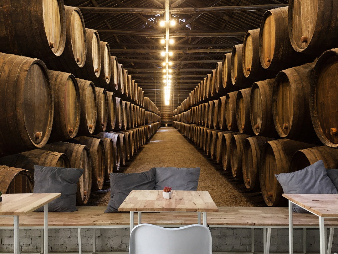 Wine Cellar Wallpaper Mural / Wine Barrels Wallpaper / Wine Room Poster ...