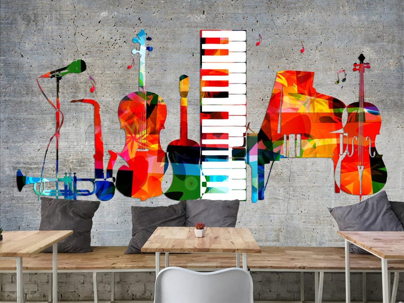 Colorful Music Instruments Wallpaper Mural, Abstract Jazz Wall Decor ...