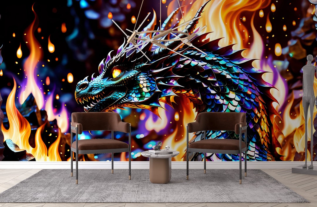 Rainbow Dragon: Colorful Dragon Wallpaper Mural - Etsy