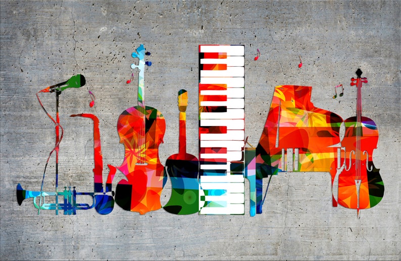 Instrumentos de música colorida Mural / Música con fondo de | Etsy