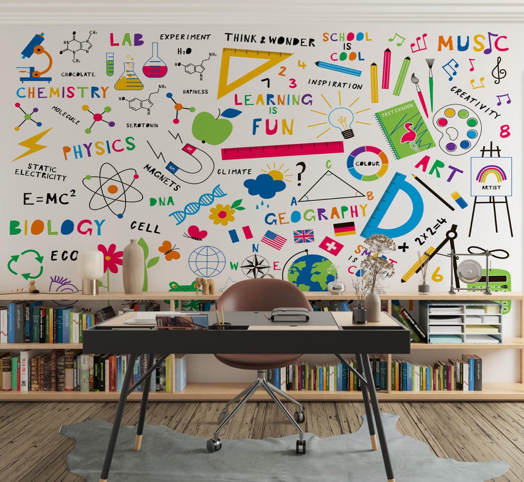 School Subjects Wallpaper, Colorful Learning Illustration Wall Mural ...