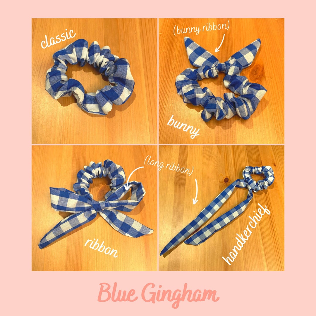 Blue Gingham Scrunchie With Bunny Ear Bow and Ribbon Cute Scrunchie ...