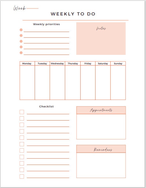 Pink Weekly Planner - Digital Download - Etsy