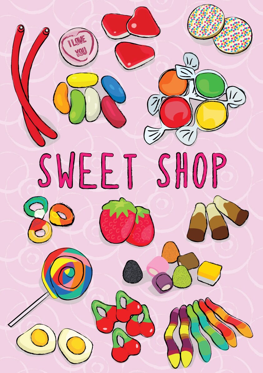 Classic Retro Sweets, Sweet Shop Poster, Tuck Shop Kitchen Art Print ...