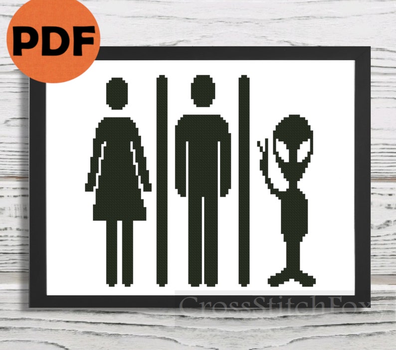 Funny Restroom Door Sign With Alien Cross Stitch Pattern Cat | Etsy
