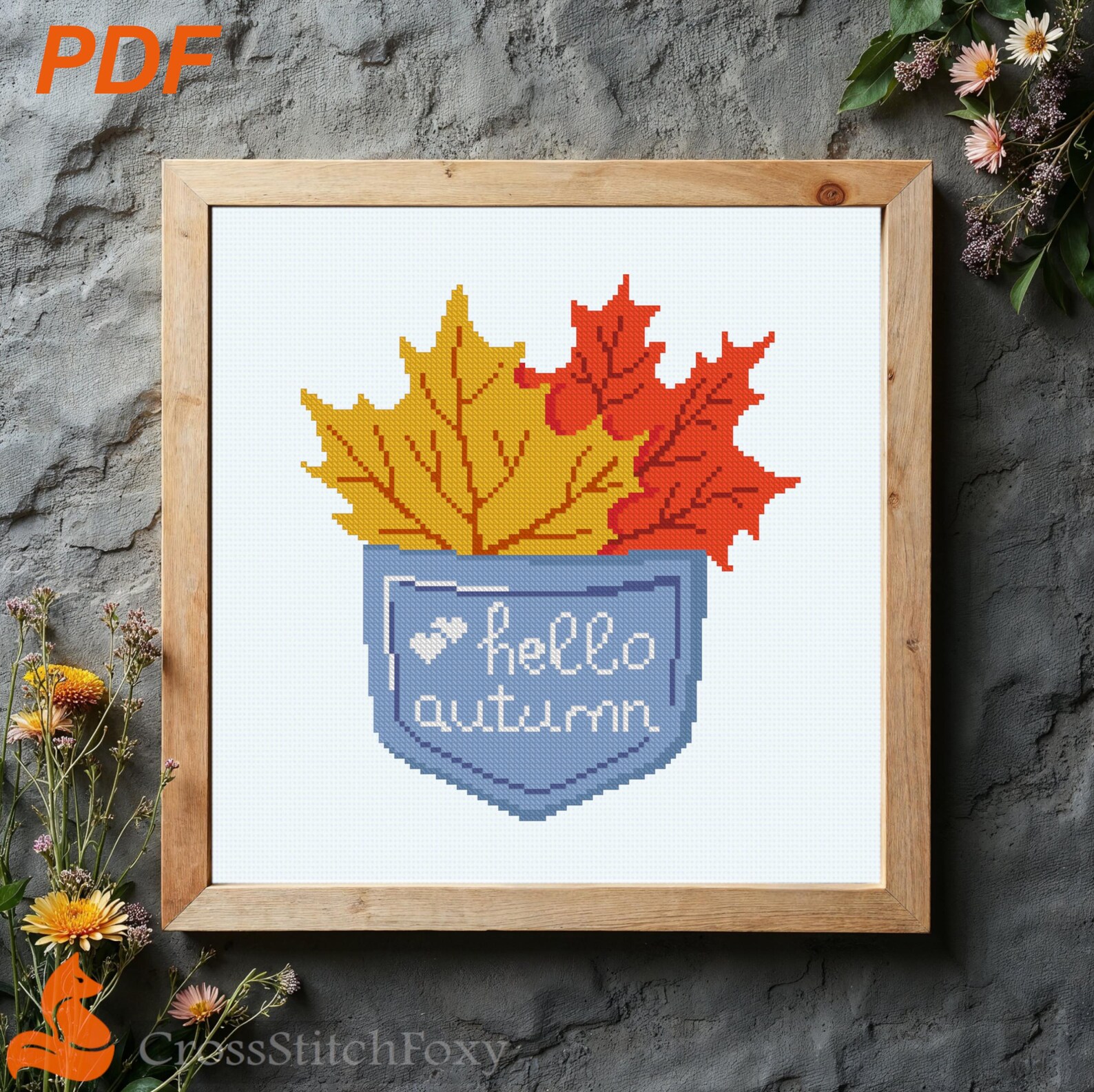 Fall Leaves Pocket Hello Autumn Cross Stitch Pattern PDF Digital ...