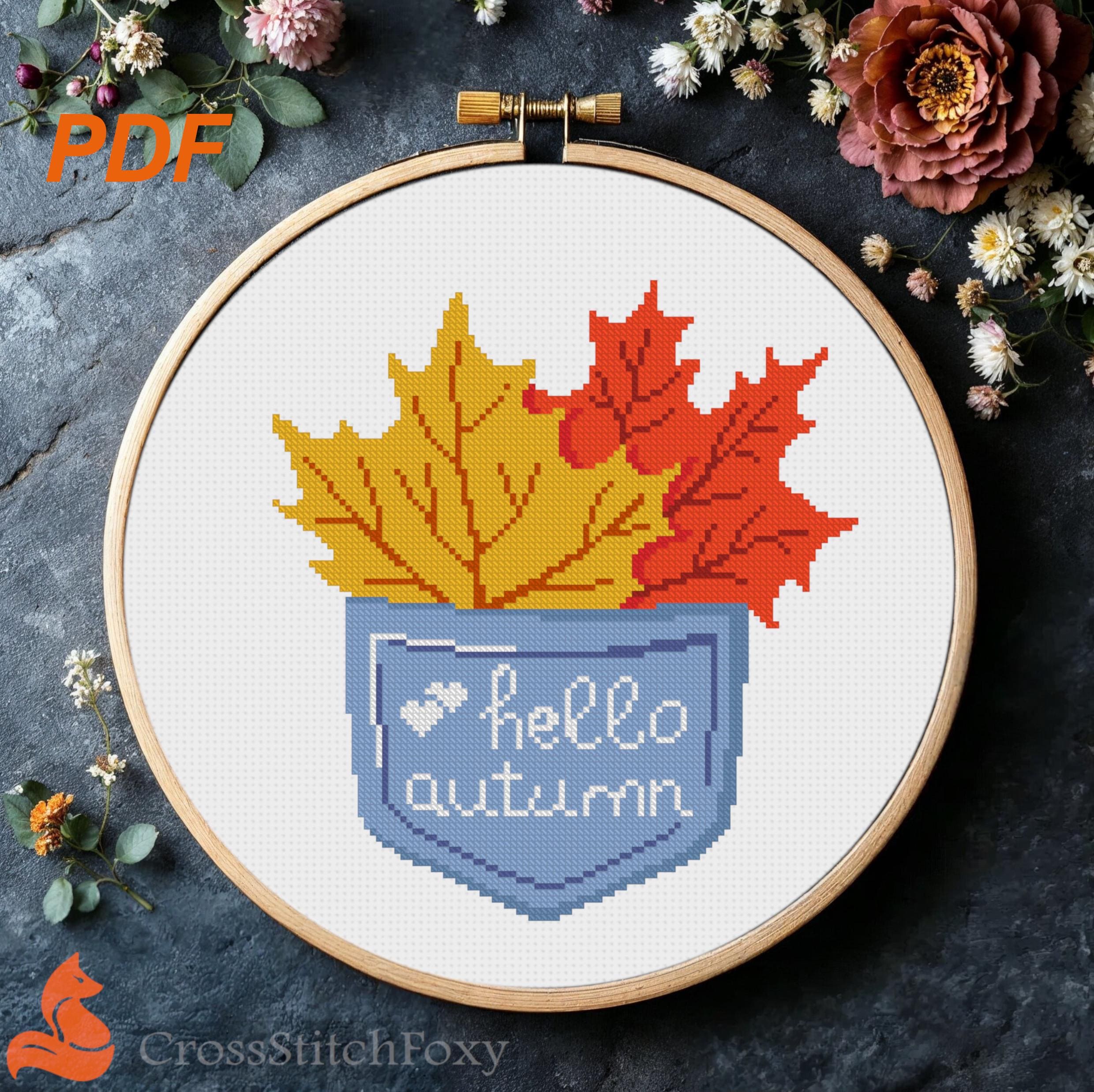 Fall Leaves Pocket Hello Autumn Cross Stitch Pattern PDF Digital ...