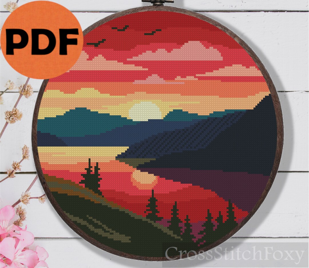 River Sunset Cross Stitch Pattern PDF, Landscape Cross Stitch Pattern ...