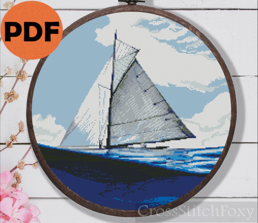 Sailboat Cross Stitch Pattern PDF, Seaman Cross Stitch Ocean Wave ...
