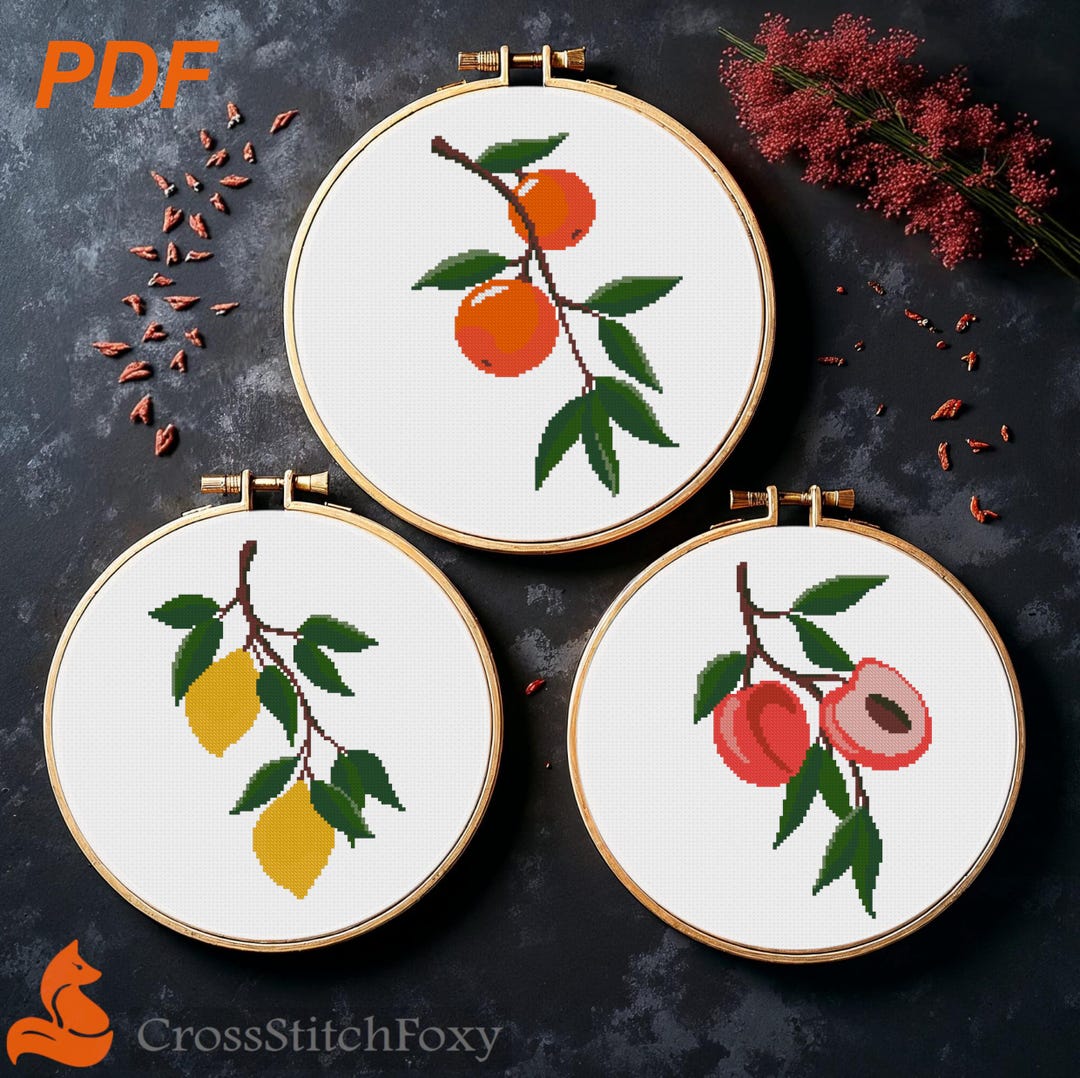 Fruit Tree Cross Stitch Patterns: Lemon, Peach, Orange (PDF Download ...