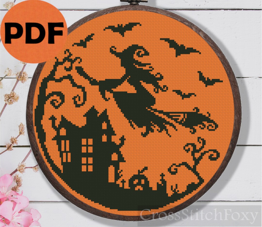 Witch on Broom Halloween Elements Haunted House Monochrome Cross Stitch ...