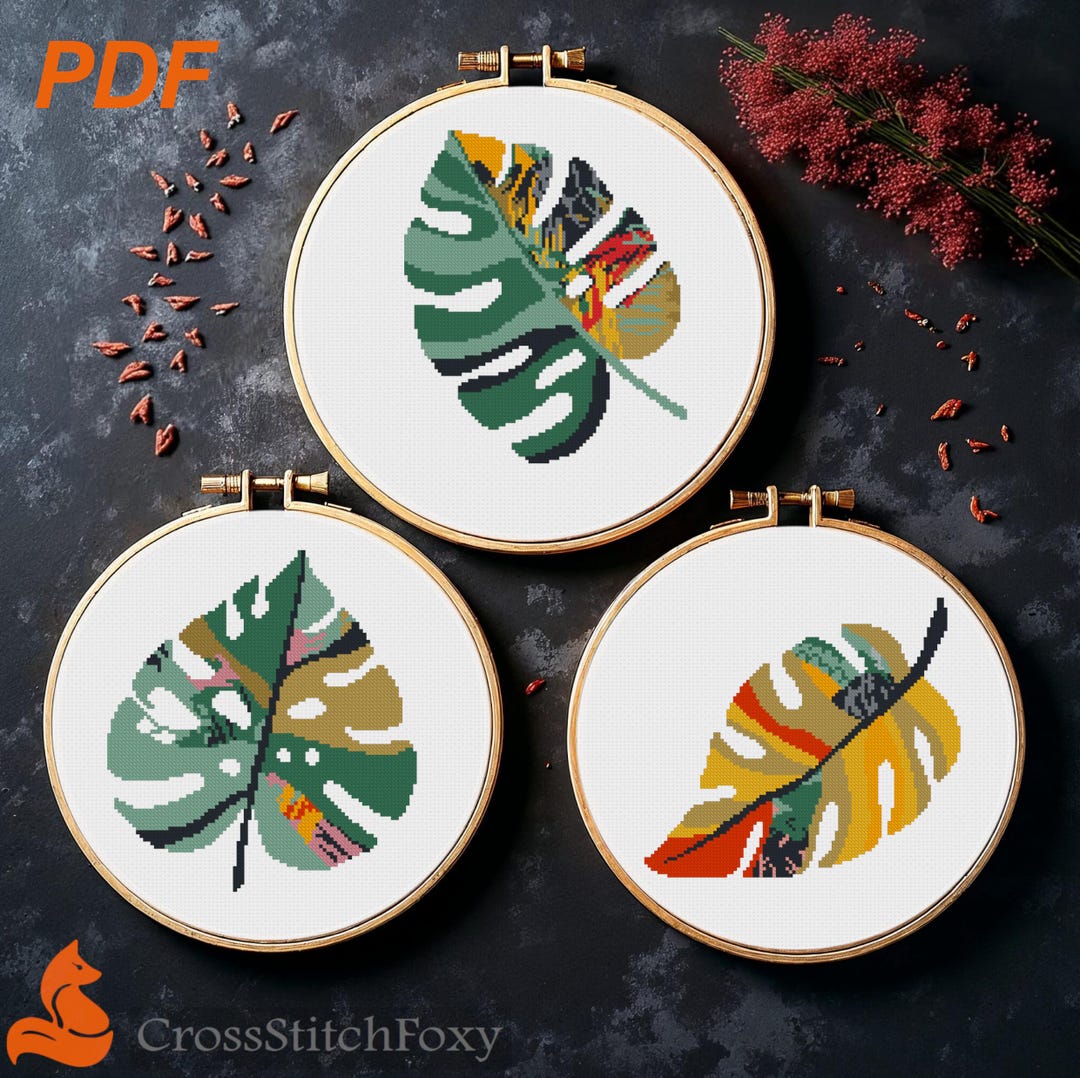 Tropical Leaf Cross Stitch Patterns: Monstera & Palm (PDF Download) - Etsy