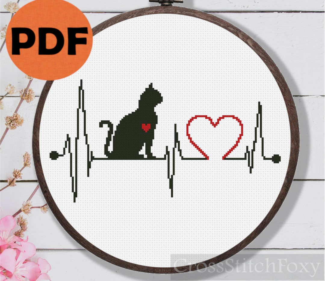 Cat Cross Stitch Pattern, Cat Love Cardiogram Cross Stitch PDF, Heart ...