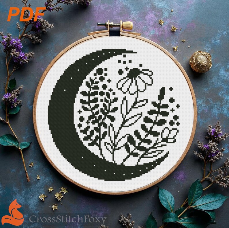 Mystical Moon Flowers Cross Stitch Pattern: Witchy Pagan Design (PDF ...