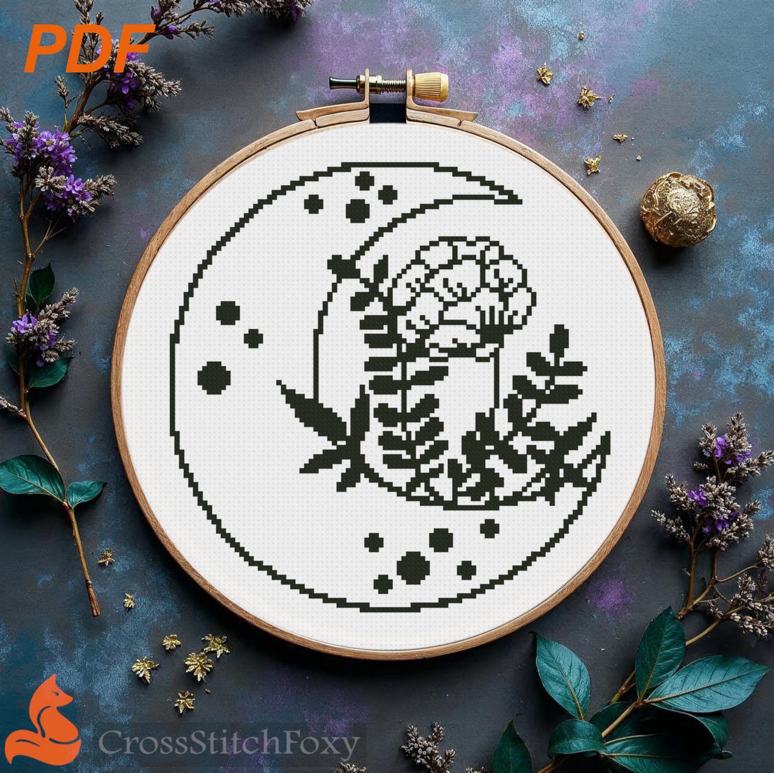 Mystical Moon Flowers Cross Stitch Pattern: Witchy Pagan Design (PDF ...