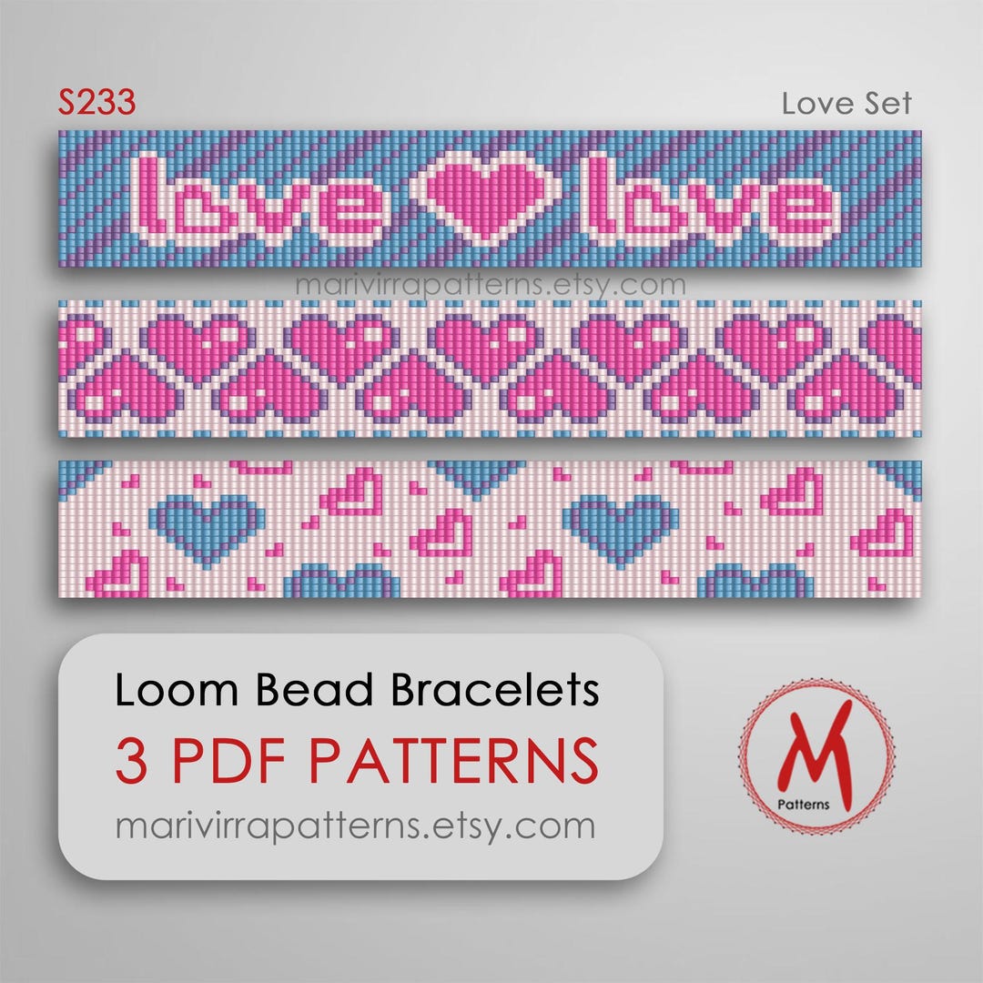 Love Set Loom Patterns Set for Bracelets, Loomed Stitch, Valentine Red ...