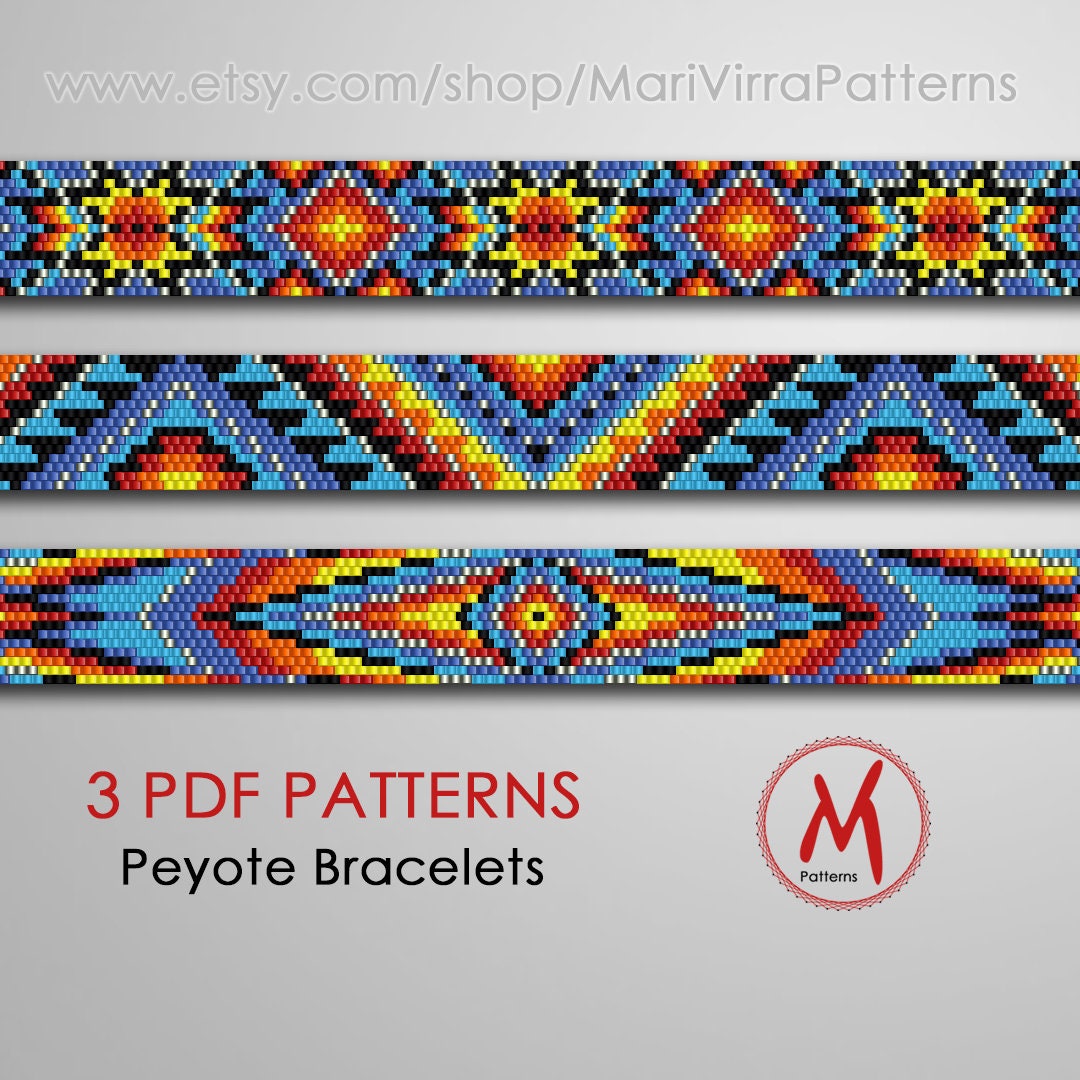 Native Peyote Patterns Set for Bracelets Odd Count Stitch, Blue Color ...