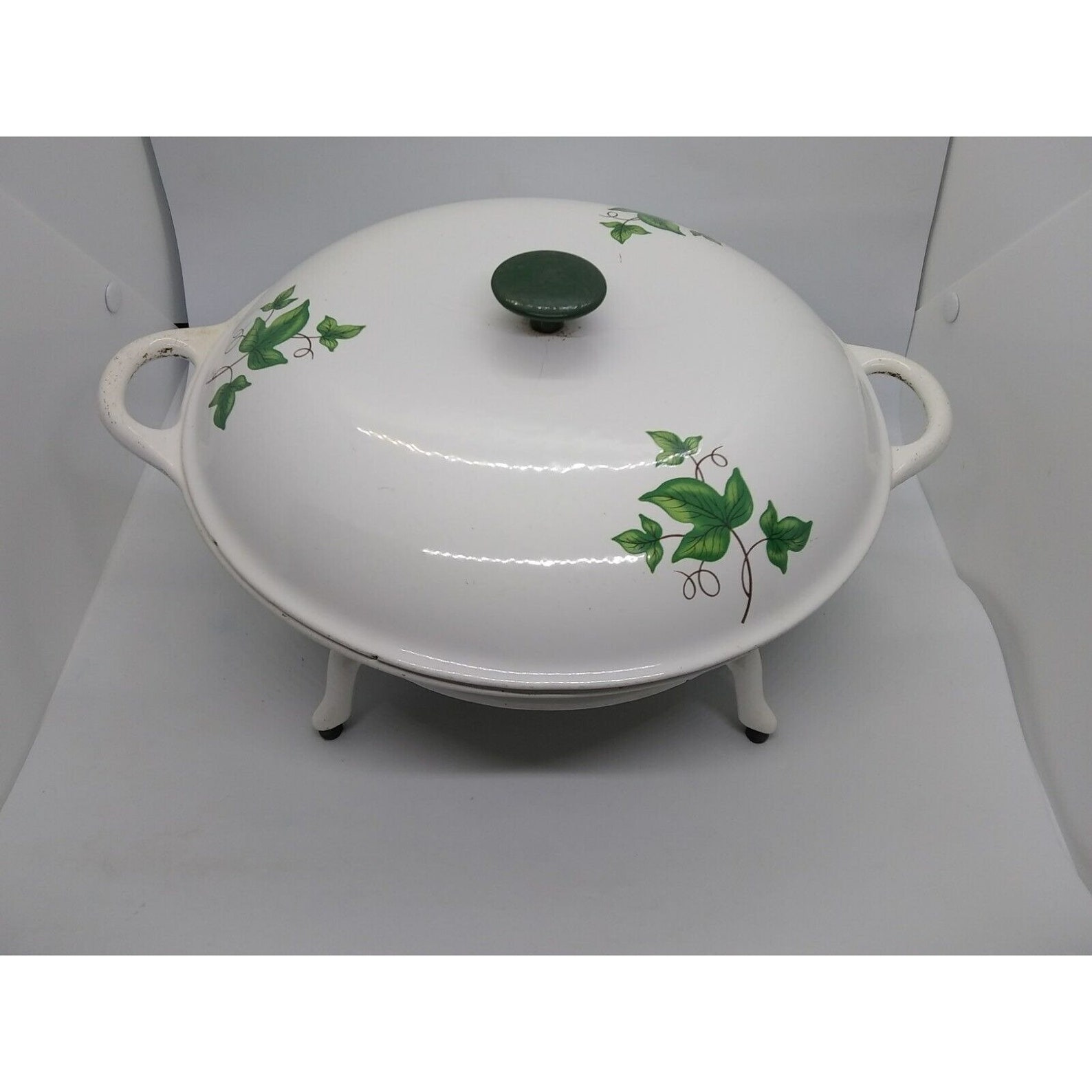 Vtg Set Prizer Ware Enamel Cast Iron Green Ivy Casserole Skillet D-12 W ...